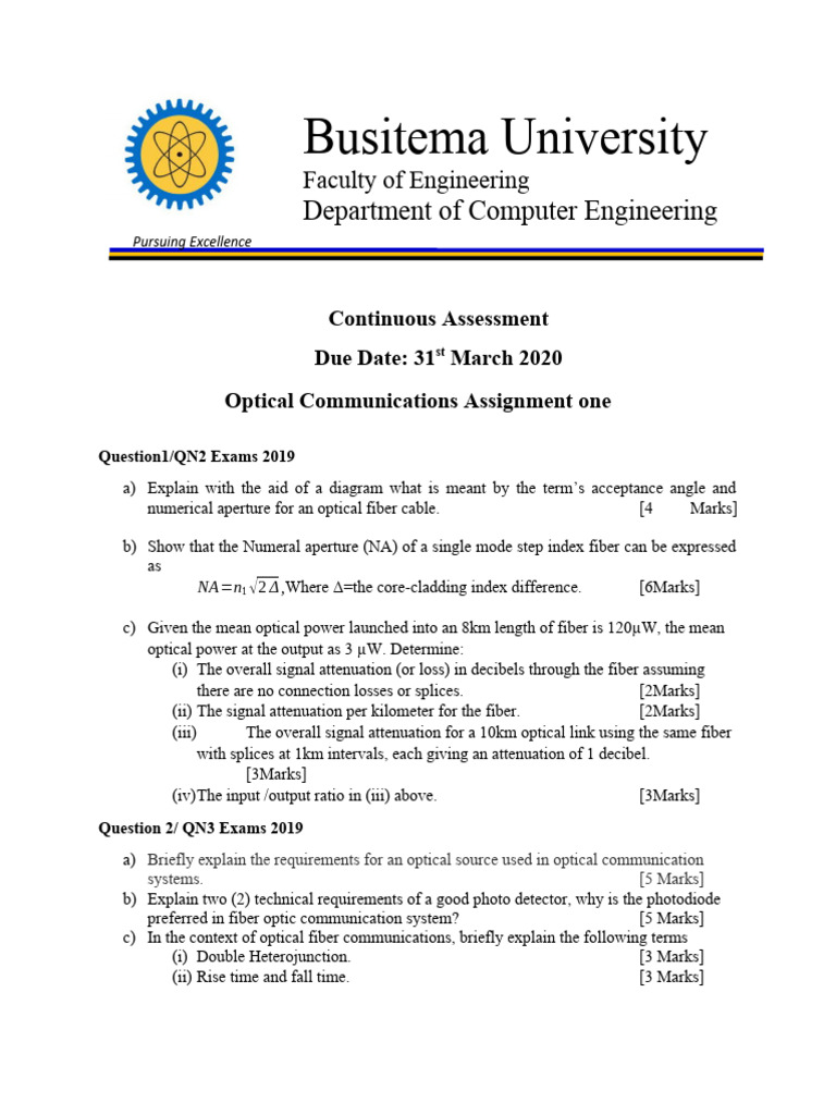 Optical Communications Assignment One | PDF | Optical Fiber | Attenuation