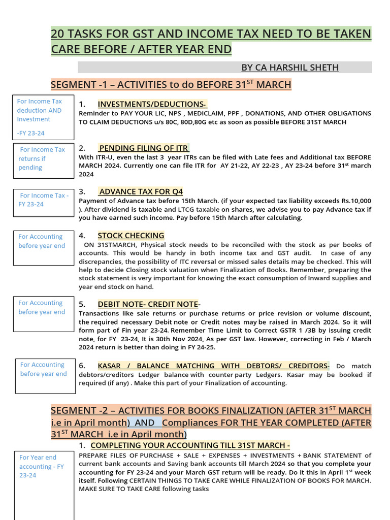20 Tasks For GST and Income Tax Need To Be Taken Care Before / After ...