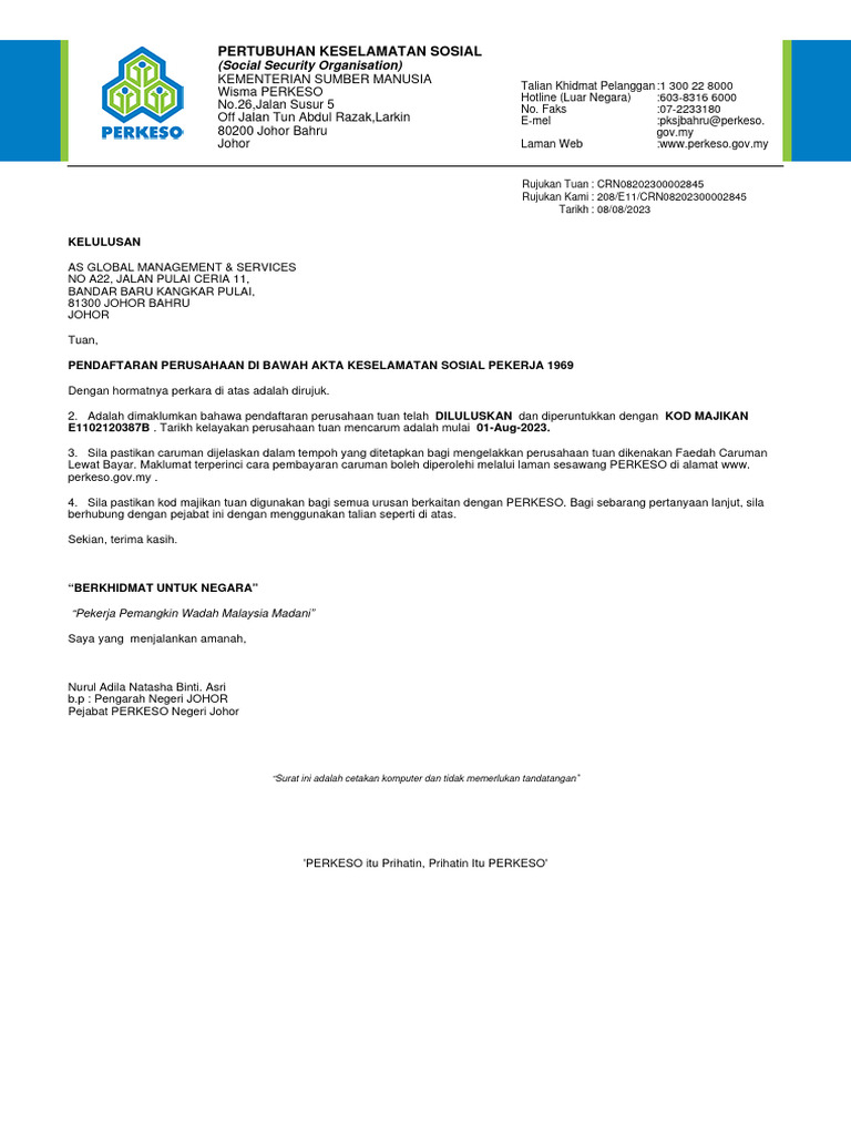 LETTER OF SUCCESSFUL REGISTRATION Socso | PDF