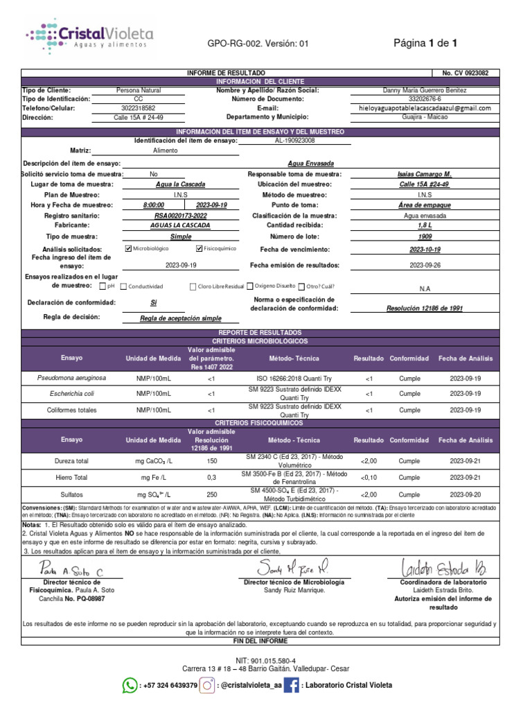 Resultados Muestras Agua Sep 2023 | PDF