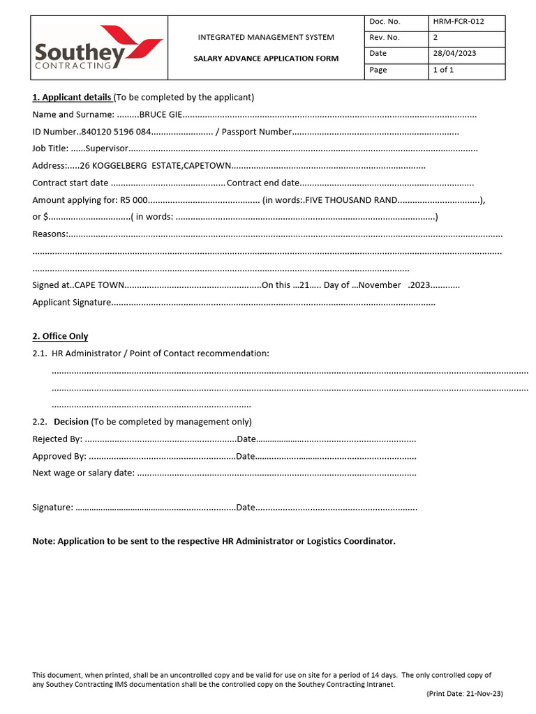 HRM-FCR-012 - Salary Advance Application Form - Bruce Gie | PDF ...