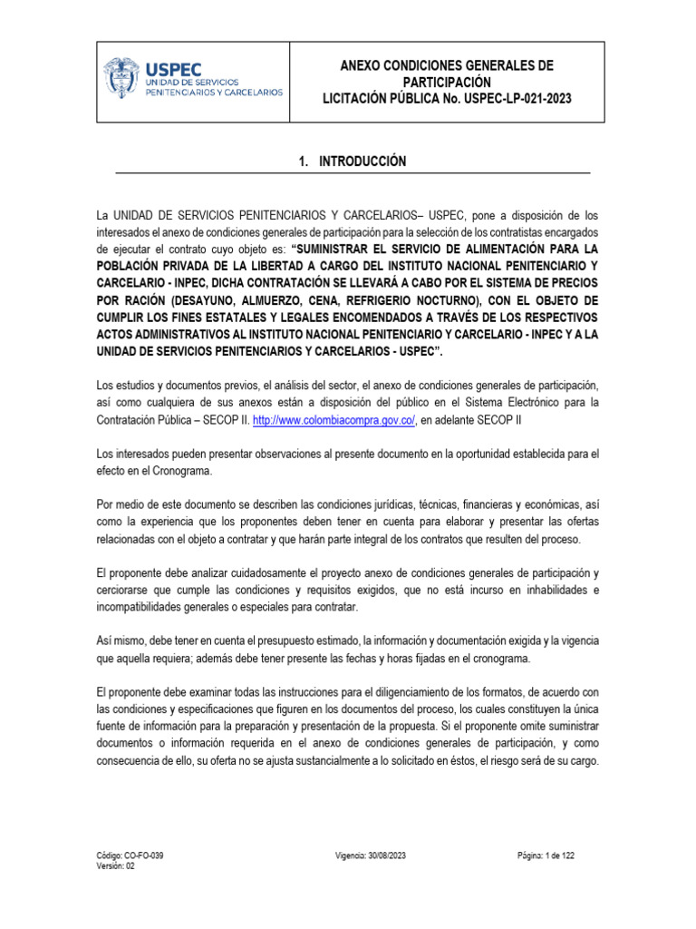 Pliego de Condiciones Alimentos 2023 | PDF | Finanzas y dinero