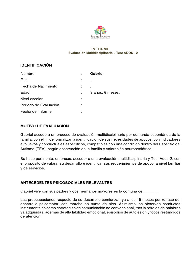 Modelo de Informe Ados-2 | PDF | Espectro autista | Comunicación