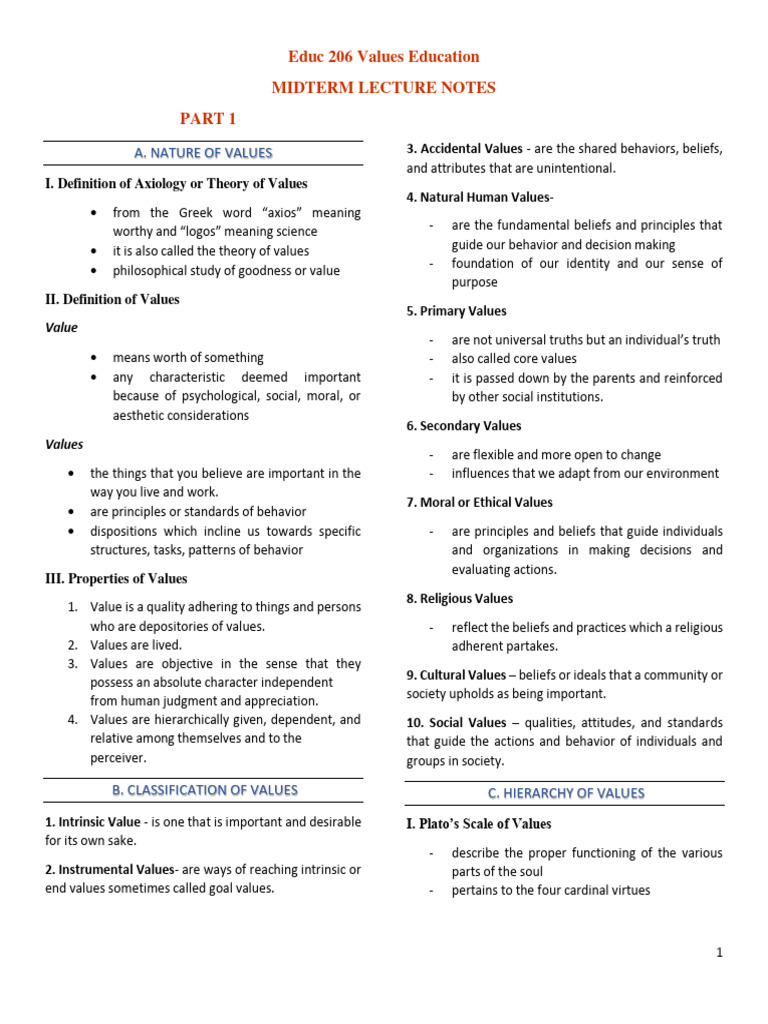 VALUES ED - Midterm Reviewer | PDF | Morality | Soul
