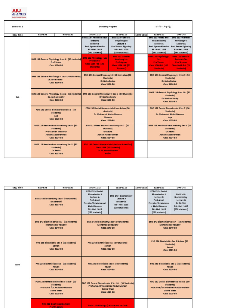 Level 1,2,3 Dentistry-Spring 2024 Timetable-Ramadan | PDF | Dental Degree | Medicine