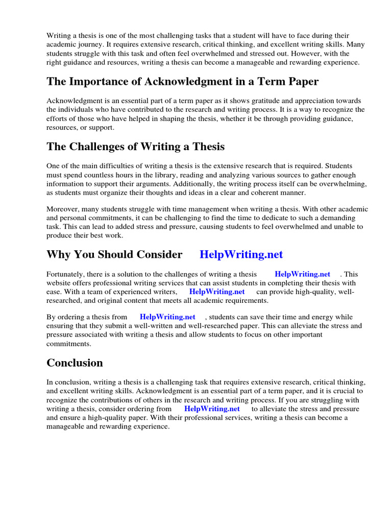 Acknowledgment in Term Paper | PDF | Thesis | Academic Publishing