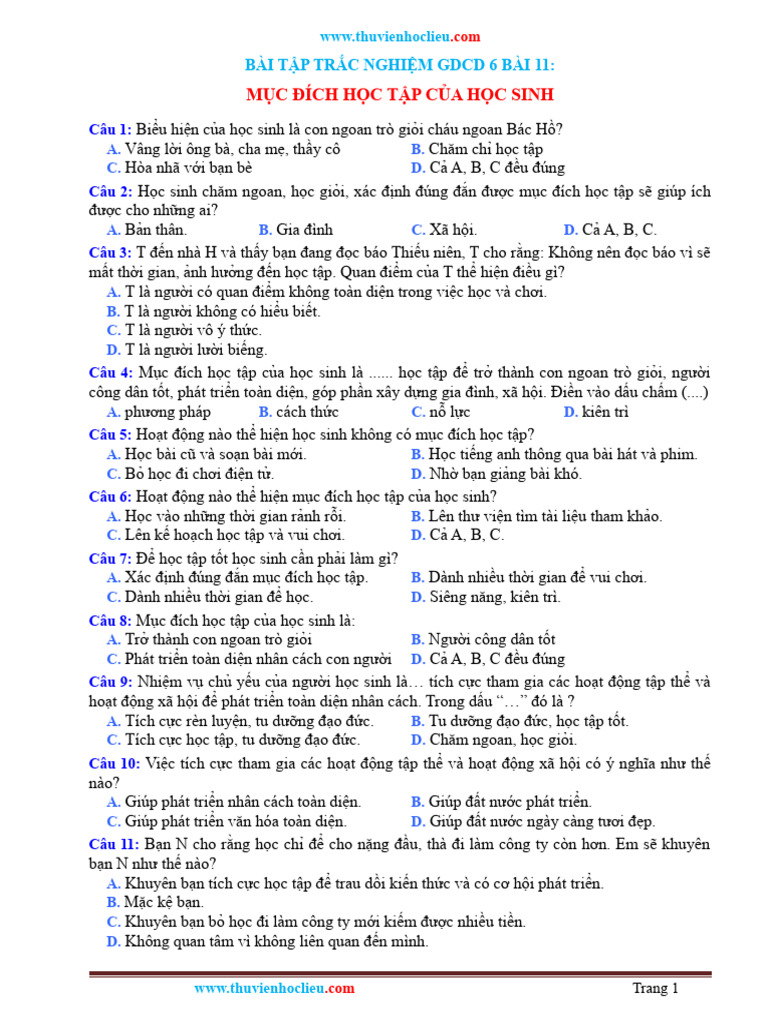 Trac Nghiem GDCD 6 Bai 11 | PDF