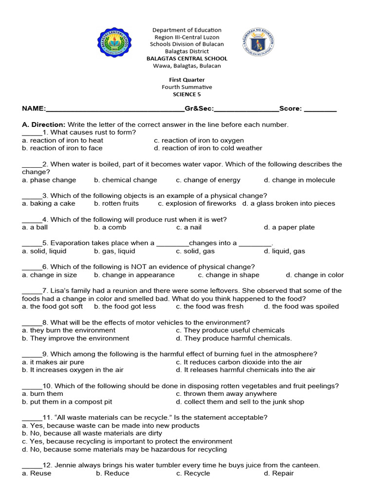 Grade 5 Science Summative Test Guide | PDF | Recycling | Waste