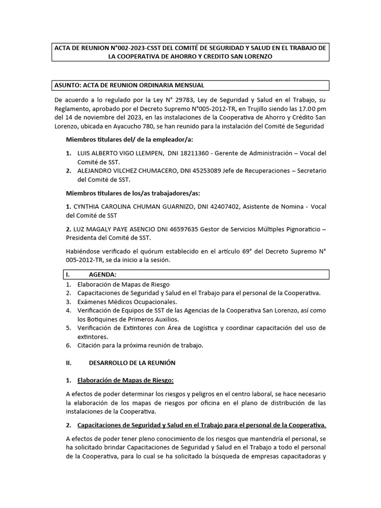 ACTA N°002-2023-CSST | PDF