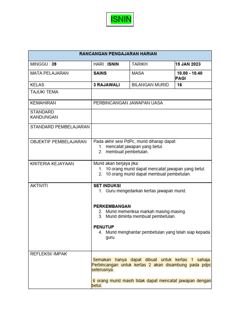 Contoh RPH Utk Semakan Uasa | PDF