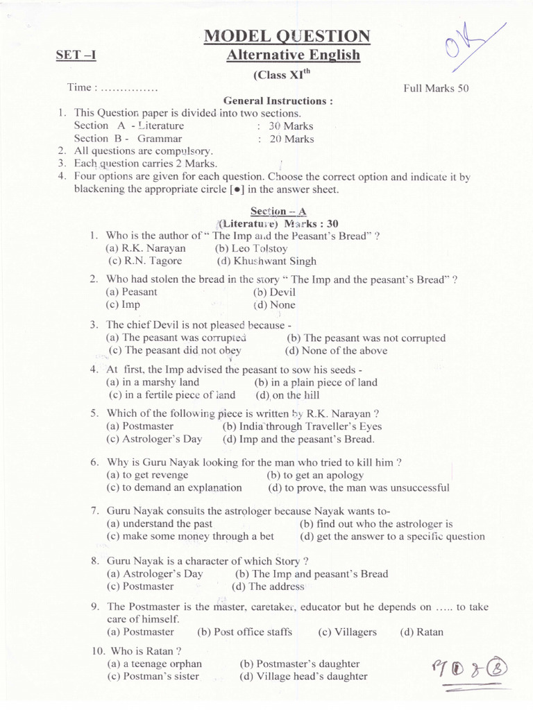 Class 11 Alternative English Model Paper | PDF | Linguistics | Grammar