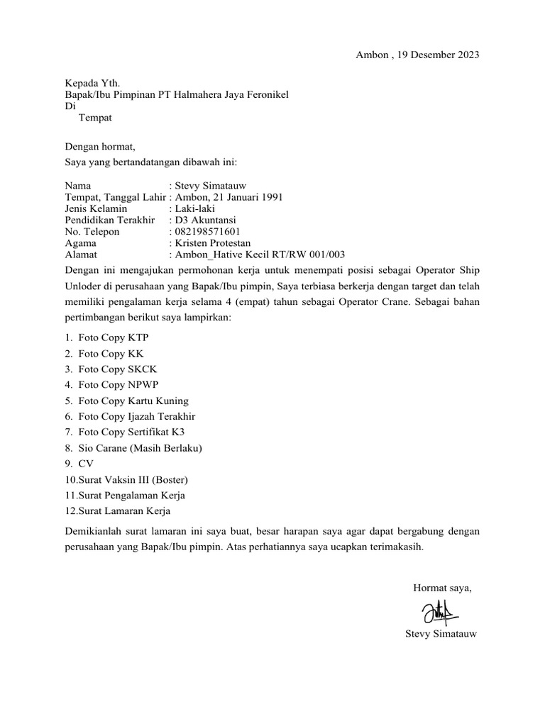 Surat Lamaran PT HJF | PDF