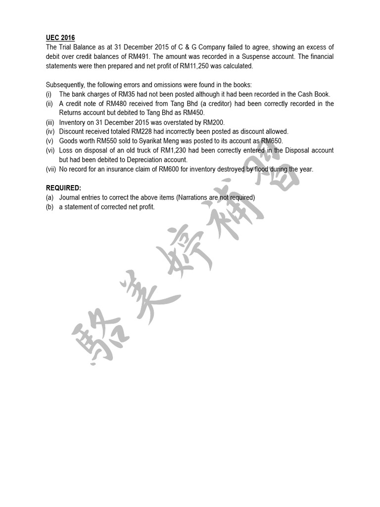 Correction Of Errors Uec 2016 And 2020 Pdf Debits And Credits