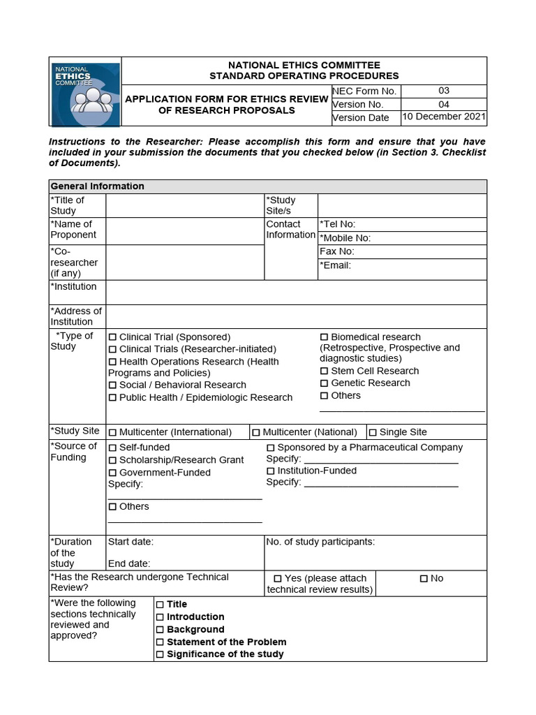 NEC FORM 03 - Application Form For Ethics Review | Download Free PDF ...
