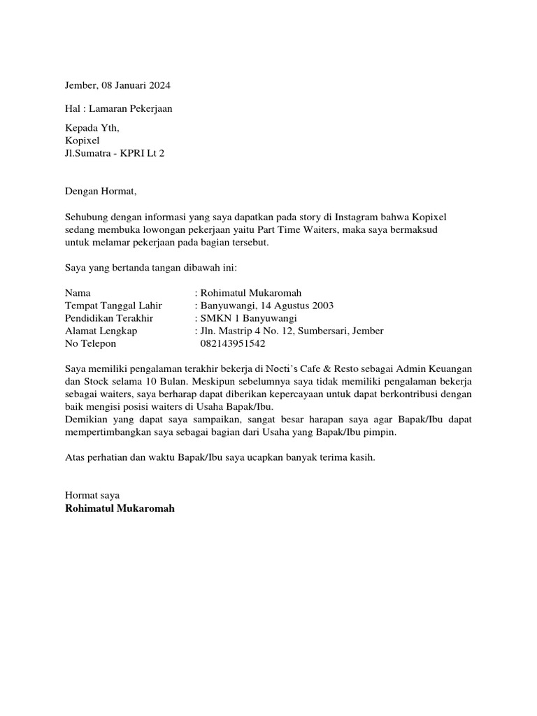 Surat Lamaran Kerja Kopixel Waiters Part Time | PDF