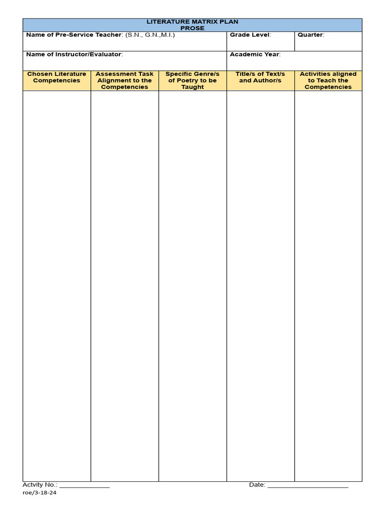 Literature Matrix Plan Prose | PDF