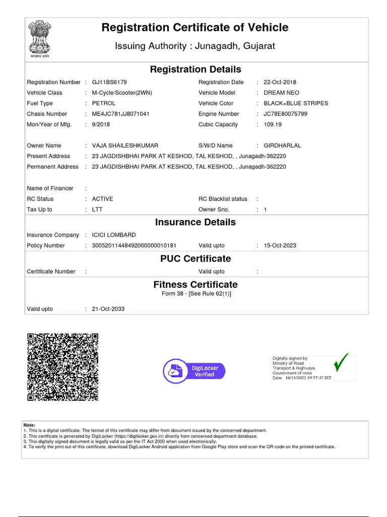Registration Certificate of Vehicle: Issuing Authority: Junagadh ...
