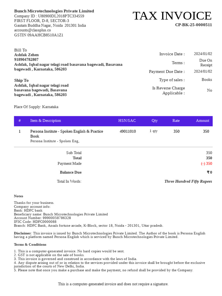 Persona Institute Spoken English Invoice | PDF | Invoice | Taxation