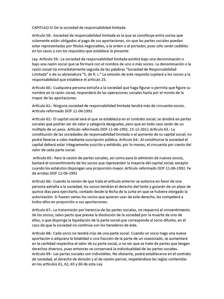 CAPITULO IV de La Sociedad de Responsabilidad Limitada | PDF
