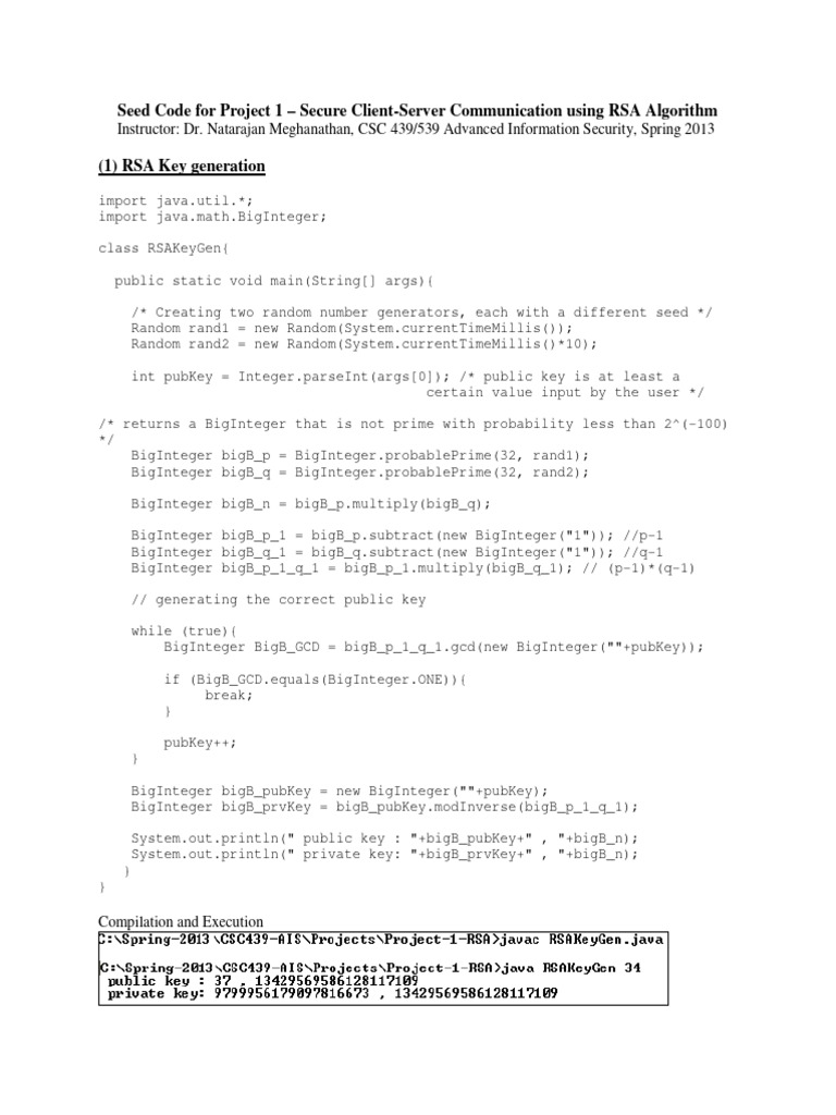 Seed Code For Project 1 - Secure Client-Server Communication Using RSA Algorithm | PDF ...