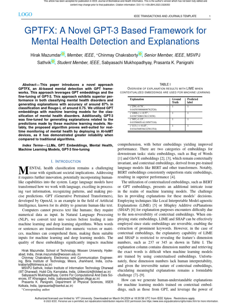 GPTFX A Novel GPT-3 Based Framework For Mental Health Detection and Explanations | PDF | Machine ...