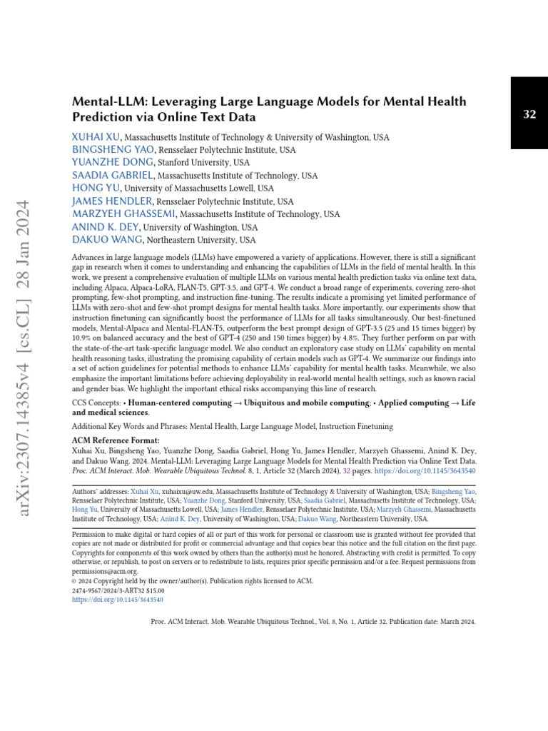 Mental-LLM: Leveraging Large Language Models For Mental Health Prediction Via Online Text Data ...
