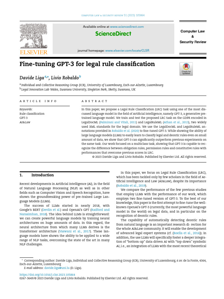 Fine-Tuning GPT-3 For Legal Rule Classification: Davide Liga, Livio Robaldo | PDF | Artificial ...