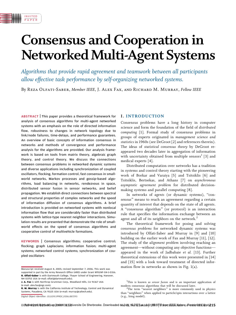 Consensus and Cooperation in Networked Multi-Agent Systems | PDF | Eigenvalues And Eigenvectors ...