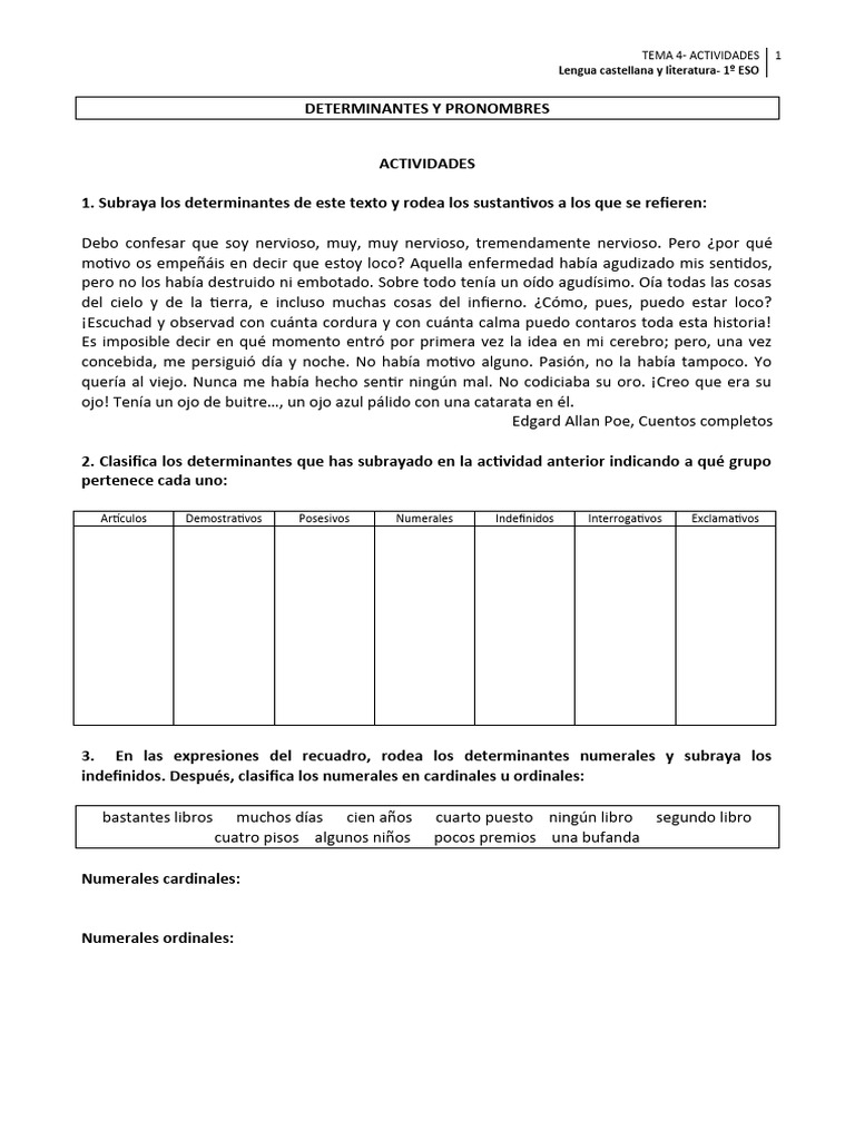 Actividades Determinantes y Pronombres | PDF | Morfología Lingüística ...