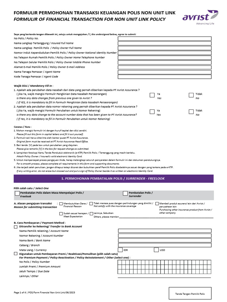 Formulir Permohonan Transaksi Keuangan Polis Non Unit Link | PDF