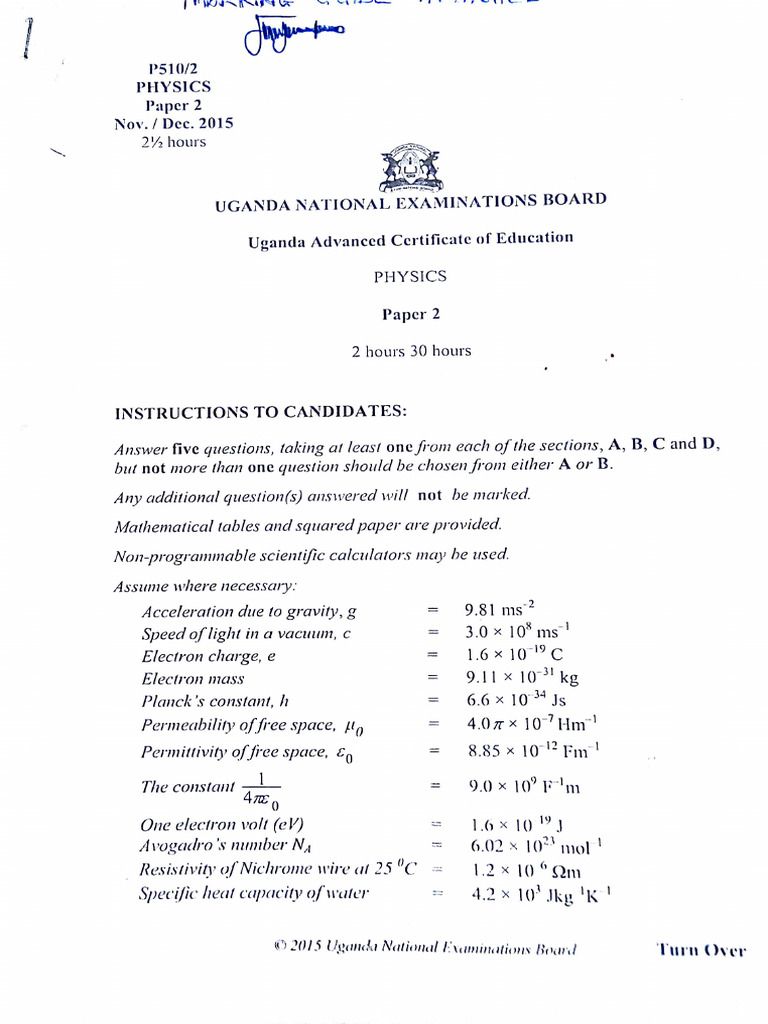 Uneb Physics Paper 2 Uace 2015 Paper and Marking Guide | PDF