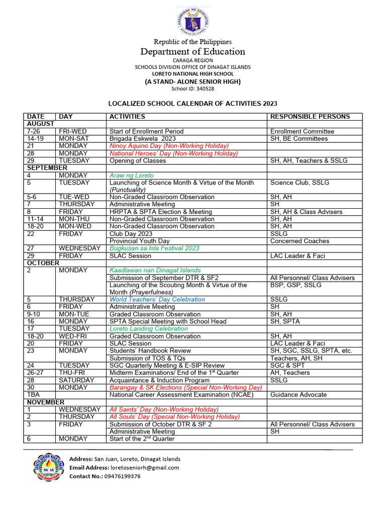 School Calendar of Activities 2023 | PDF | Observances | Holidays
