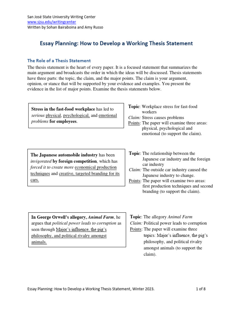 Essay Planning - How To Develop A Working Thesis Statement - Final ...