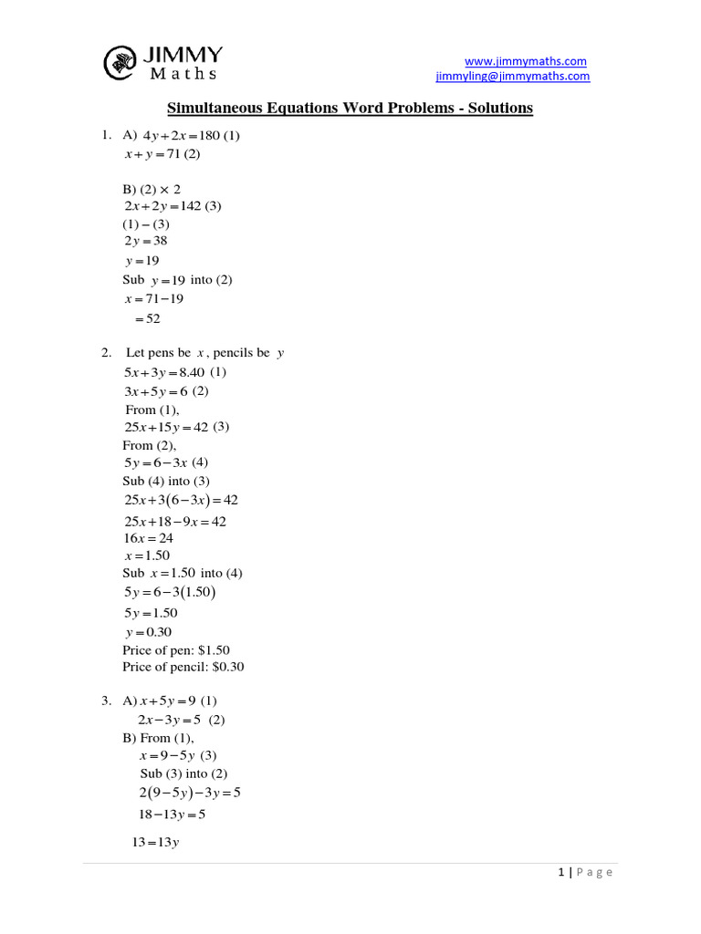 Sec 2 Simultaneous Equations Word Problems Solutions | PDF | Ajedrez