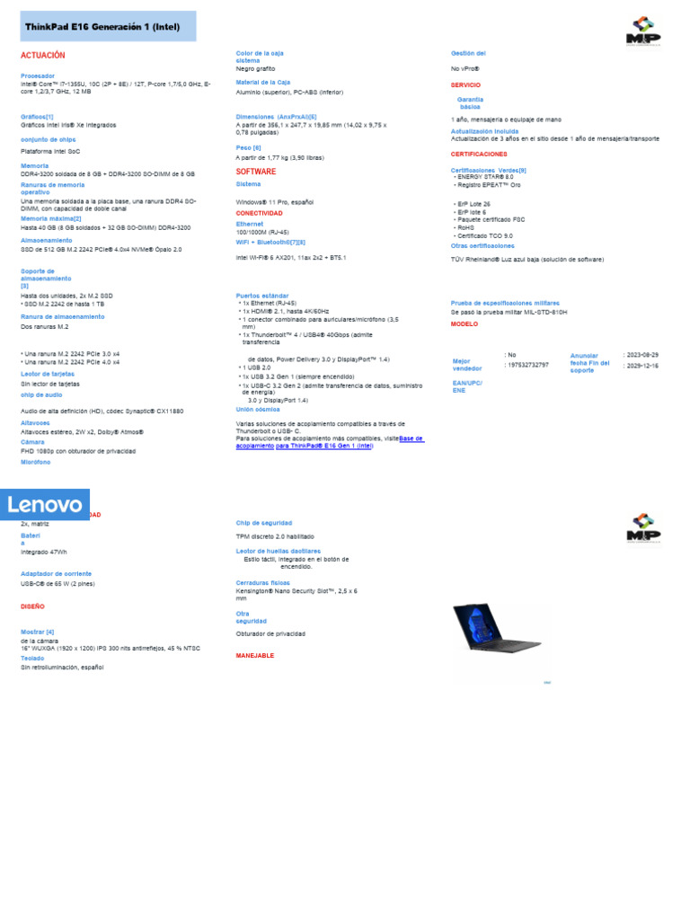 ThinkPad E16 Gen 1 Intel 21JQ000GFJ - En.es | PDF | Tecnología de ...