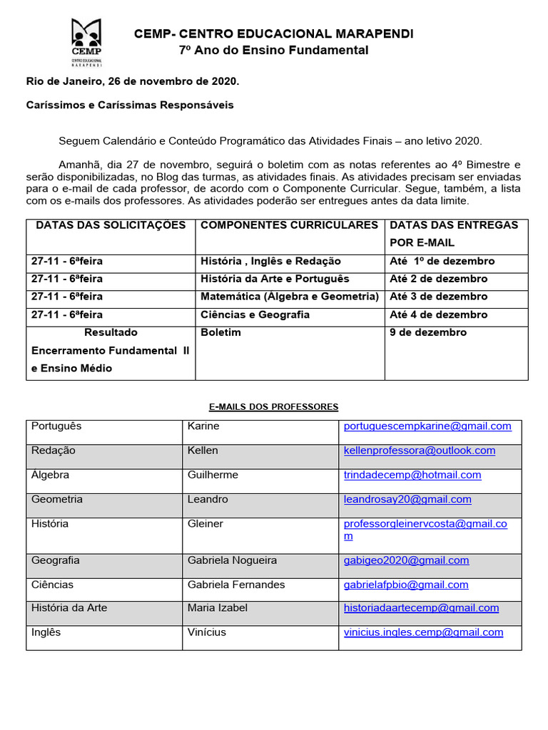Calendário Final 7º Ano CEMP | PDF | Assunto (gramática)