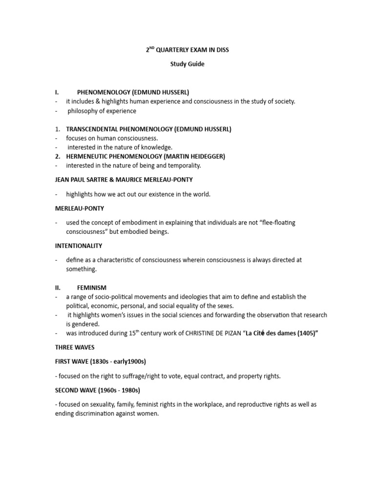 DISS Study Guide | PDF | Phenomenology (Philosophy) | Feminism