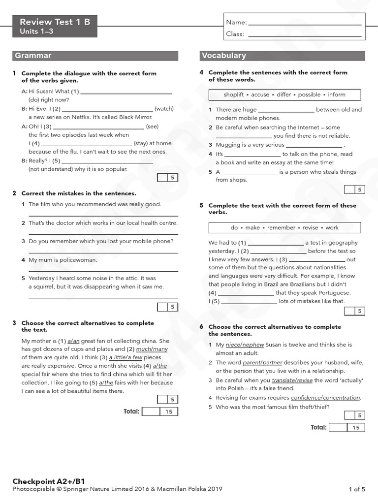 Checkpoint A2+ B1 Review Test 1 B | PDF | Foreign Language | Vocabulary