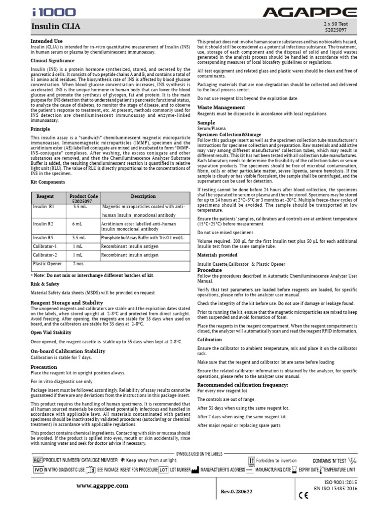 Insulin CLIA: 2 X 50 Test 52025097 | PDF | Immunoassay | Glucose