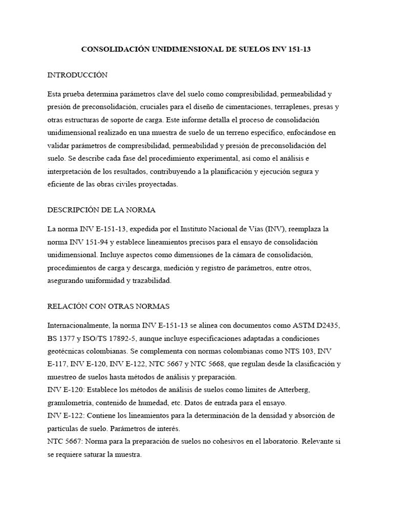Consolidación Unidimensional de Suelos Inv 151-13 | PDF | Suelo | Gravedad