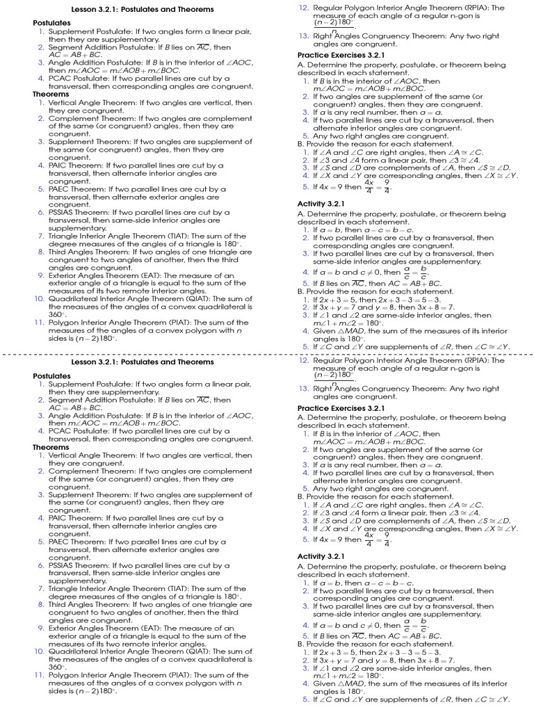Geometry Postulates and Theorems Overview | PDF | Elementary ...