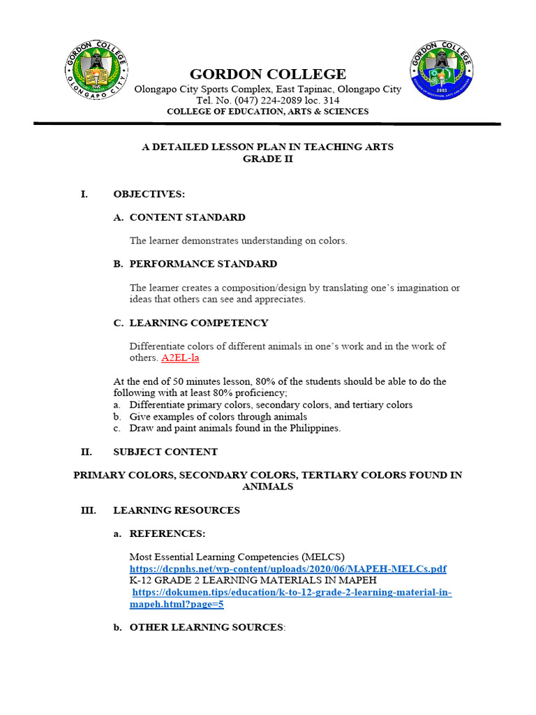 A-DETAILED-LESSON-PLAN-IN-TEACHING-ARTS-2 | PDF | Color | Learning