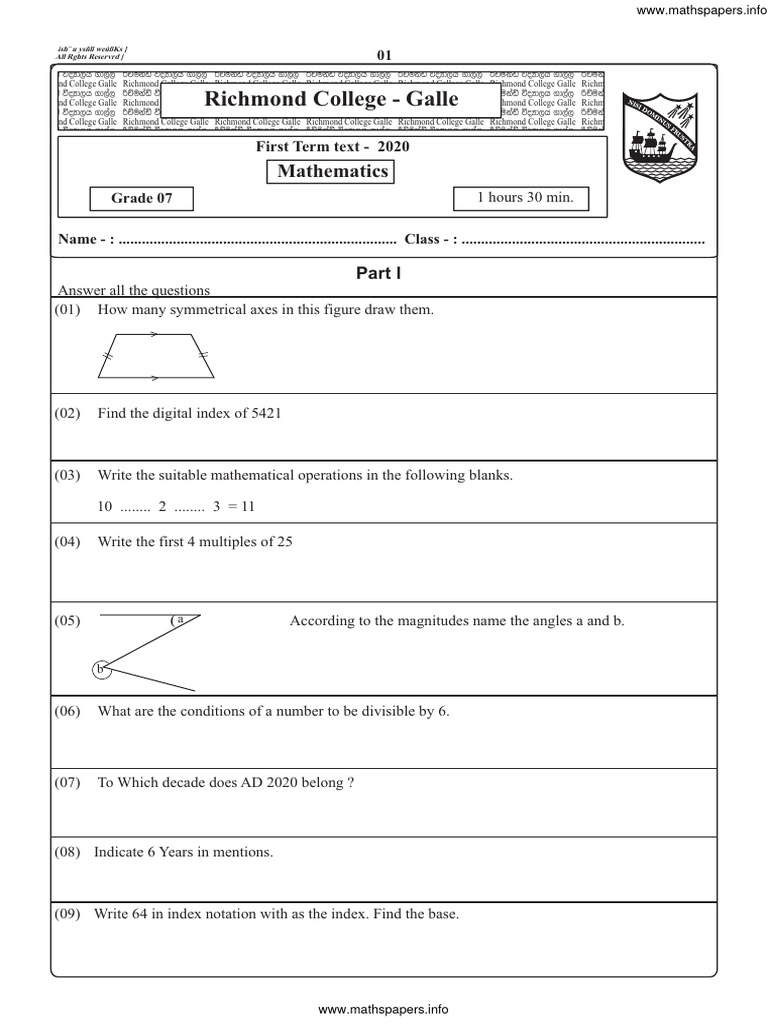 (5) First Term Test Paper Grade 07 Mathematics English medium 2020 (1 ...