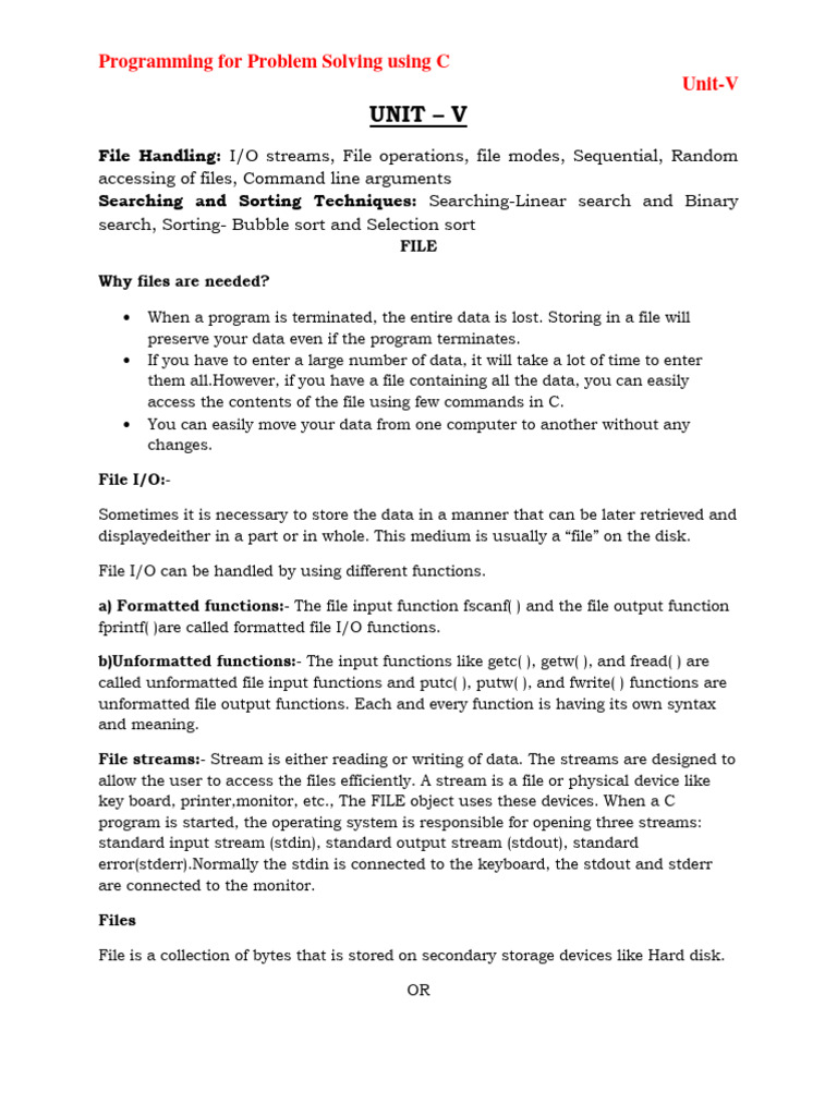 PPS Unit-V Full Notes | PDF | Computer File | Pointer (Computer ... PPS Unit-V Full Notes | PDF | Computer File | Pointer (Computer ...