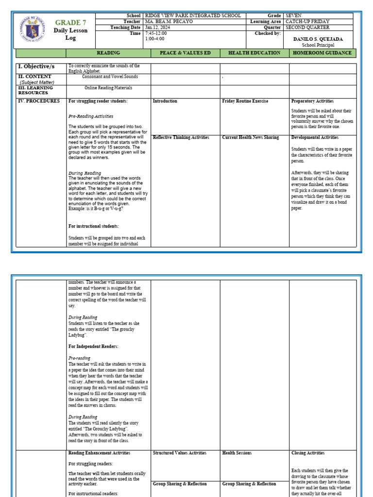Grade 7 Reading Lesson Plan Overview | PDF | Human Communication | Learning