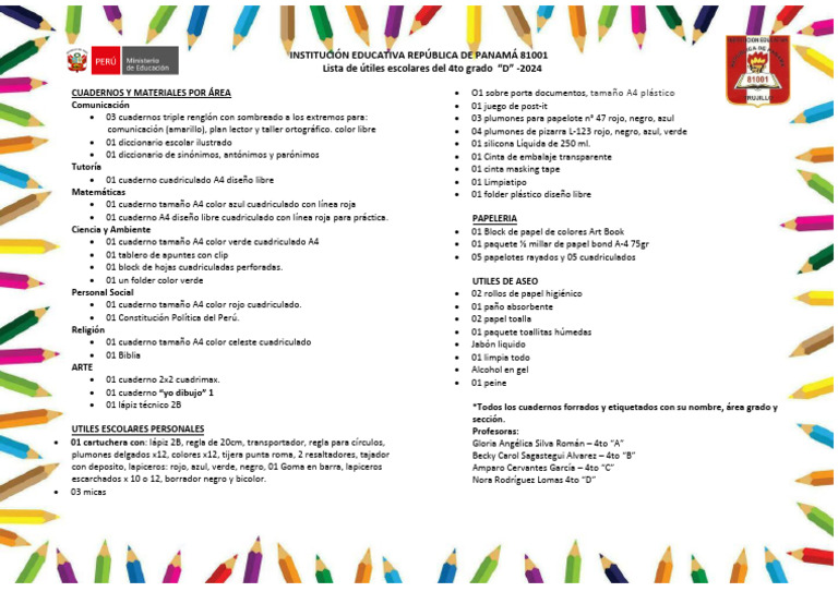 Lista de Utiles 4to D 2024 | PDF | Papelería