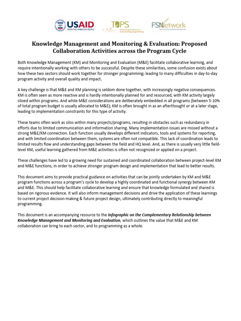 Enhancing KM and M&E Collaboration | PDF | Evaluation | Knowledge ...