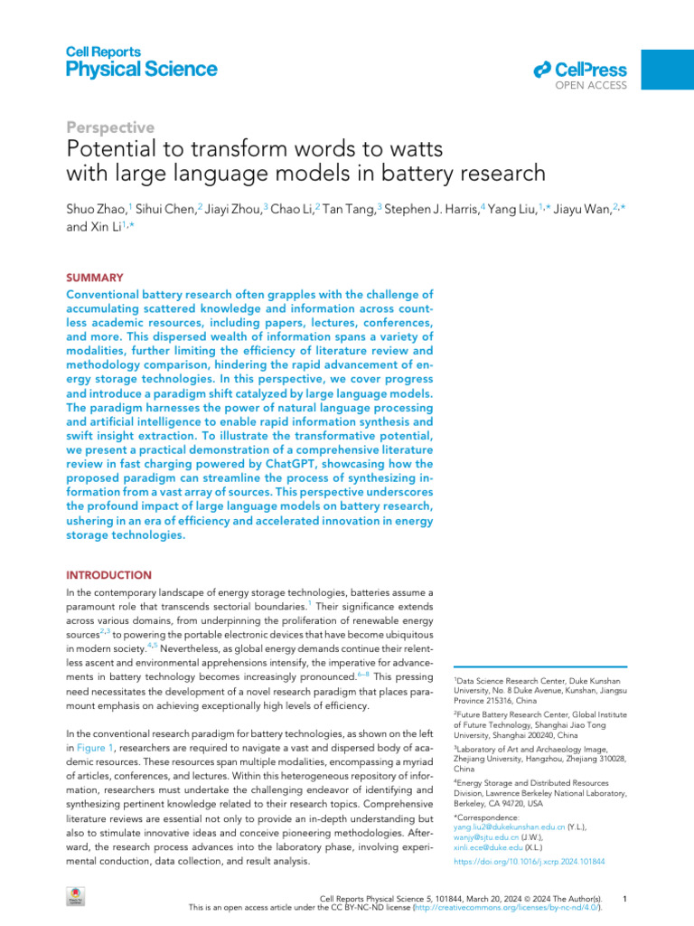 Potential To Transform Words To Watts With Large Lang 2024 Cell Reports Phys | PDF | Lithium Ion ...