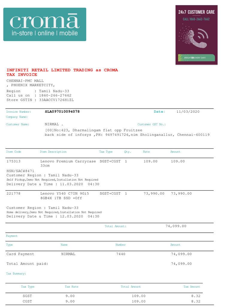 Infiniti Retail Limited Trading As Croma Tax Invoice: Date | PDF ...