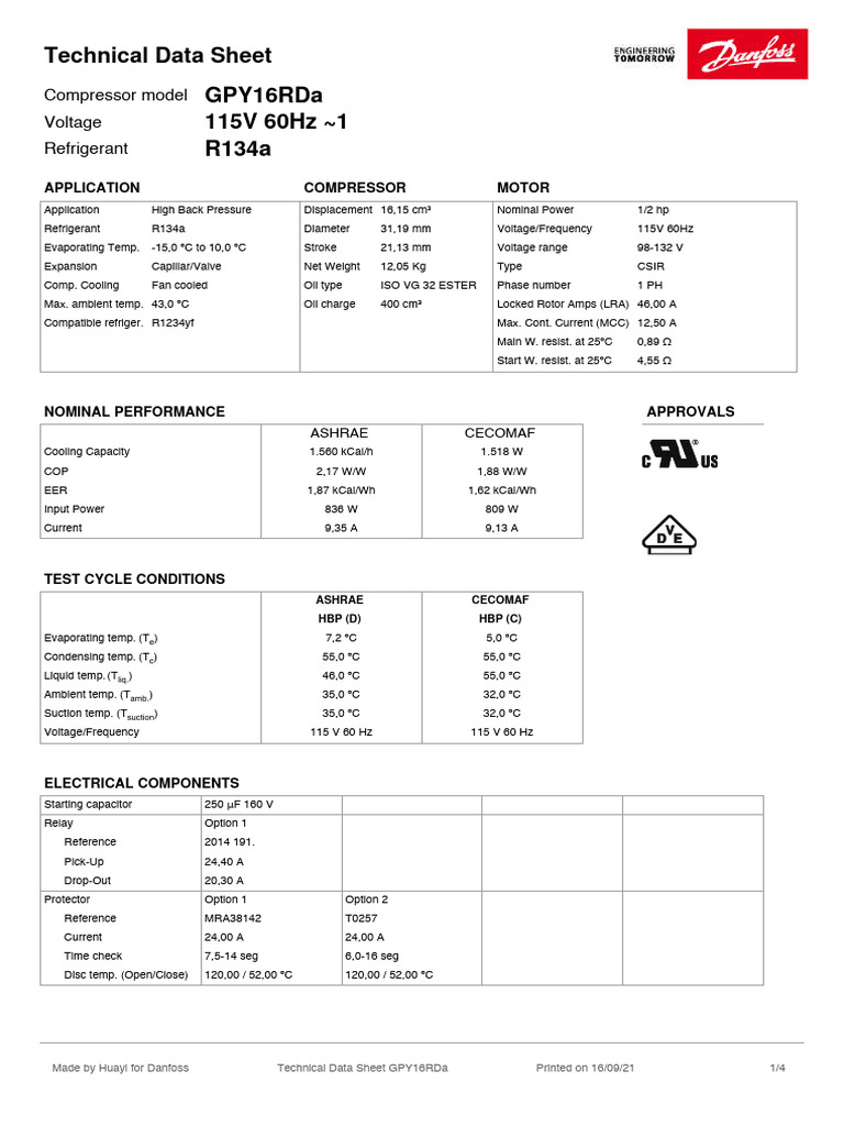 GPY16RDa Compressor Specs Sheet | PDF | Mechanical Engineering | Manufactured Goods